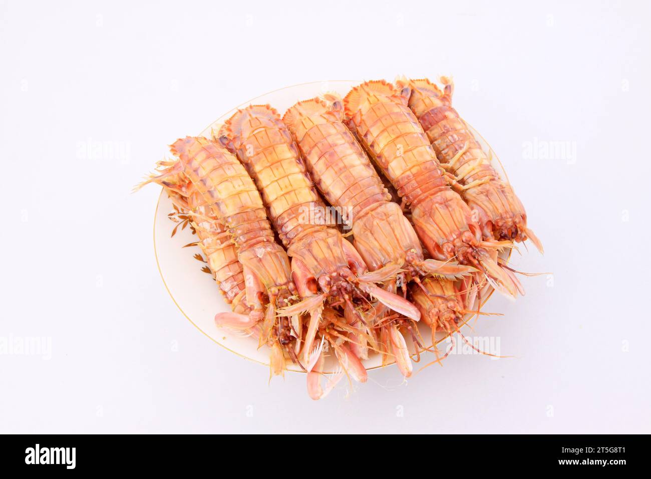 Cooked mantis shrimp in dish on a white background Stock Photo - Alamy