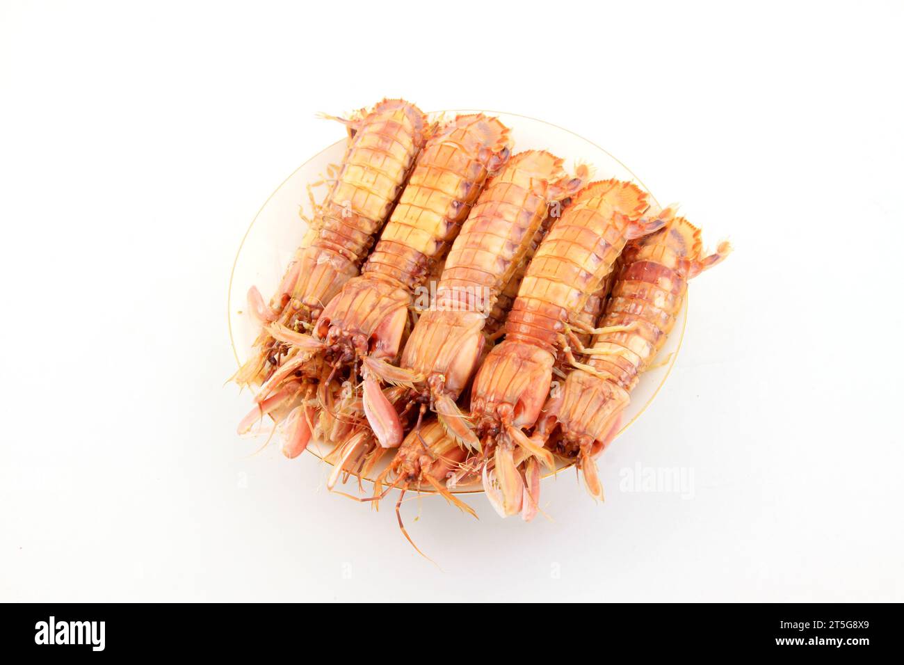 Cooked mantis shrimp in dish on a white background Stock Photo - Alamy