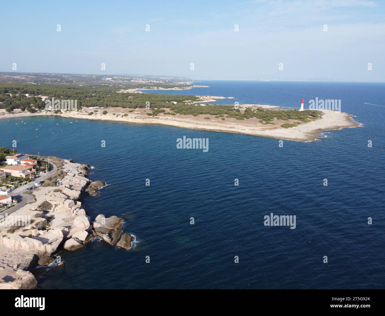 Aerial view of the lighthouse by Plage du Verdon on the French Riviera ...