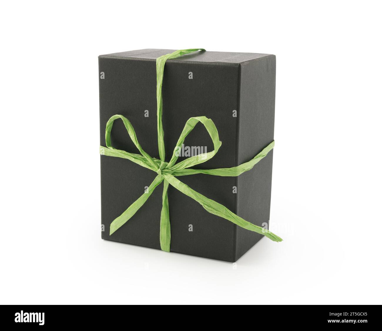 Side view of black gift box with green ribbon bow isolated on ...