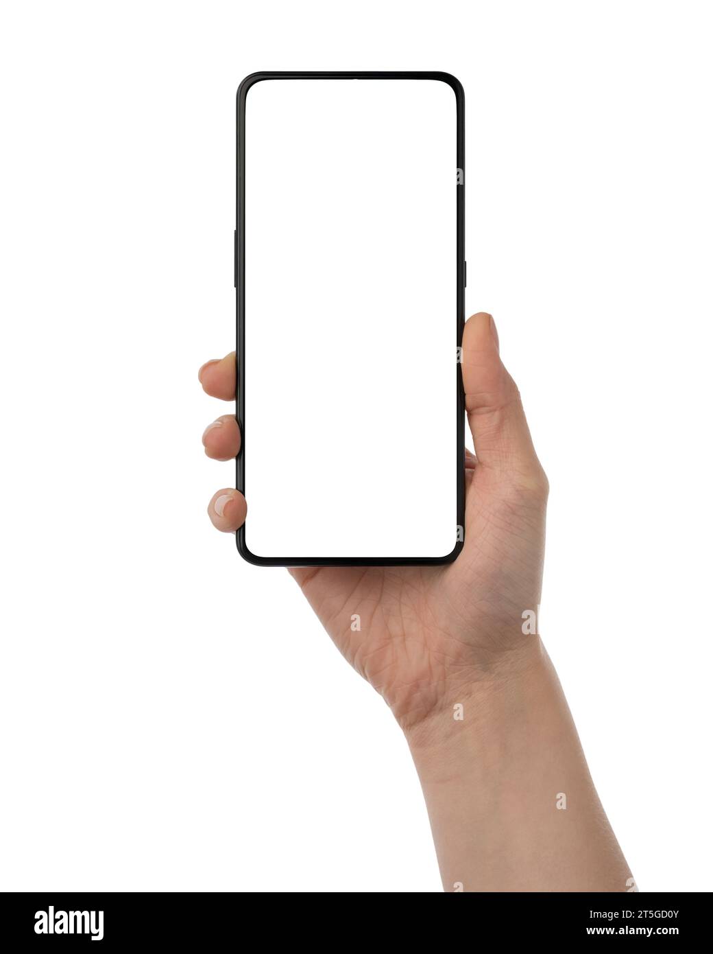 Young female hand holding generic smartphone with white screen isolated ...