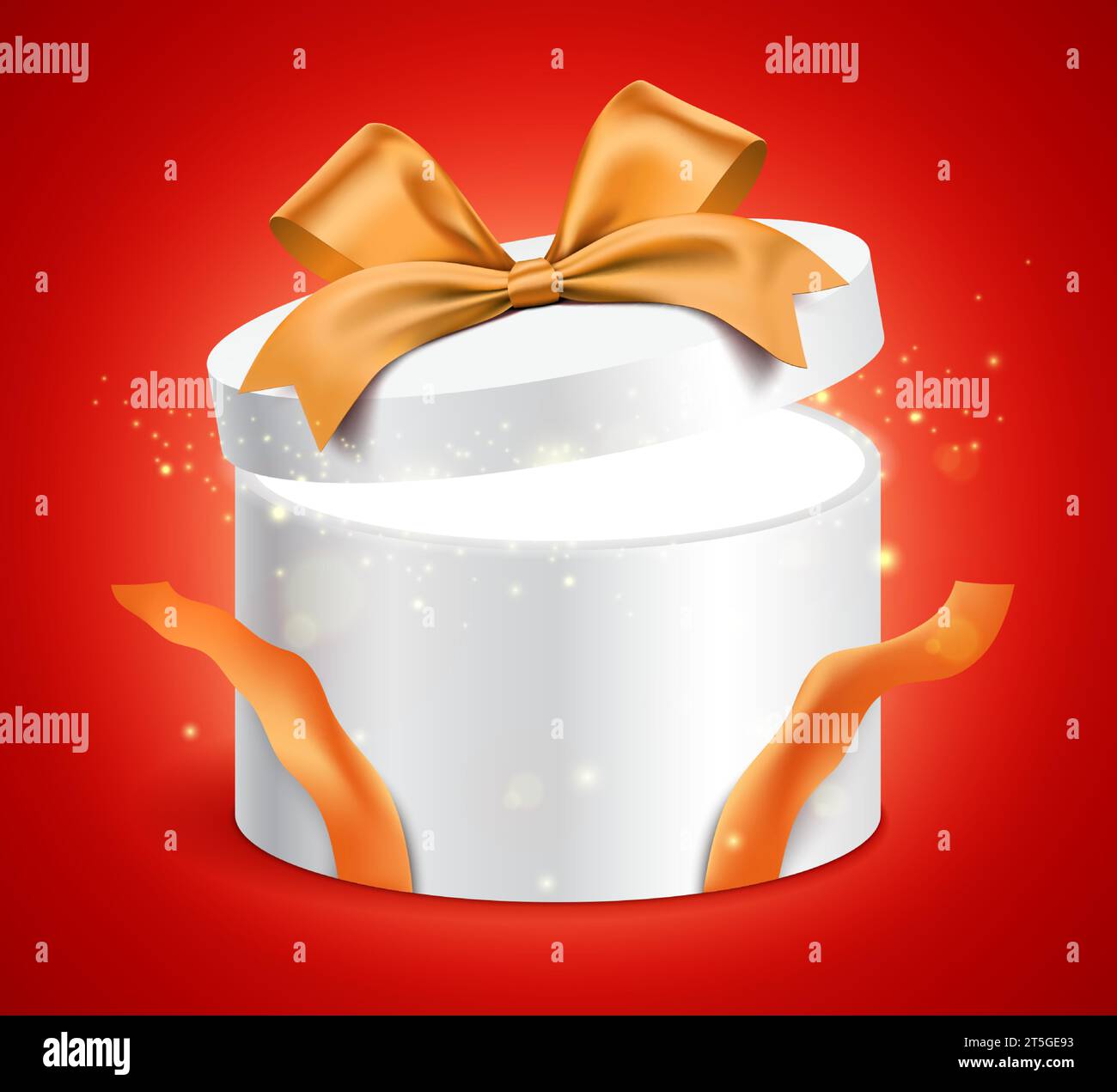 Open round white gift box with a golden ribbon and magical glitter ...