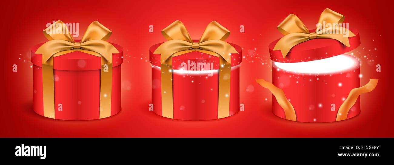 Set of round red gift boxes with golden ribbon and magical glitter ...