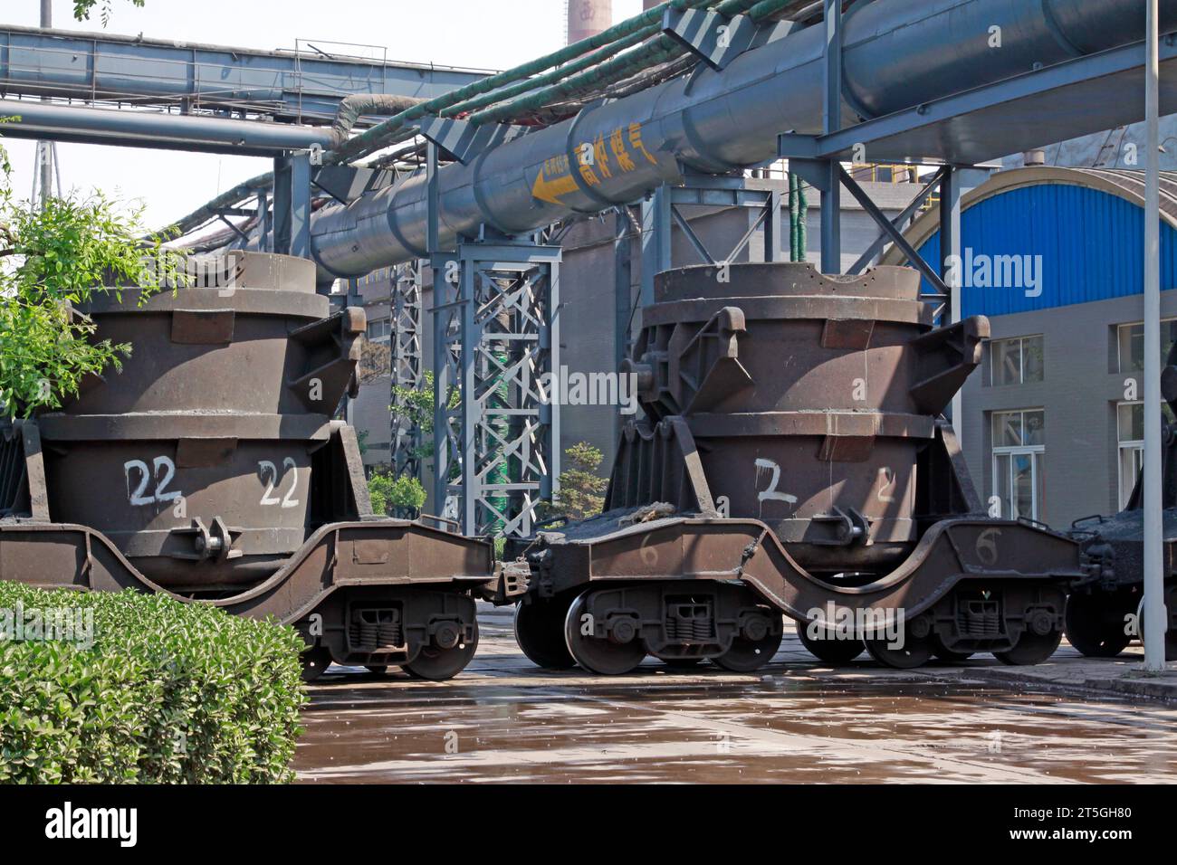 hot metal transport vehicles in a factory, closeup of photo Stock Photo ...