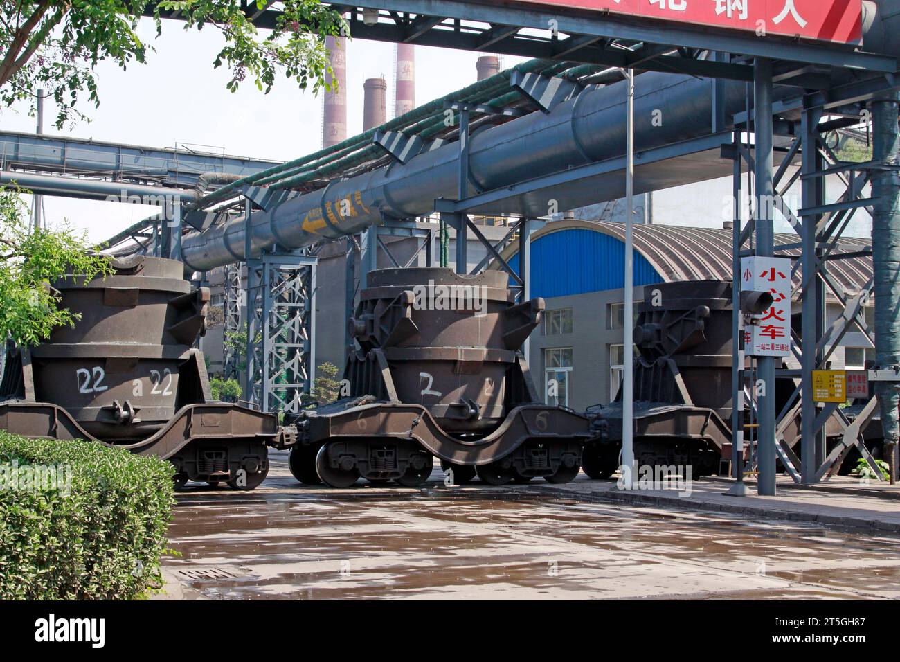 hot metal transport vehicles in a factory, closeup of photo Stock Photo ...