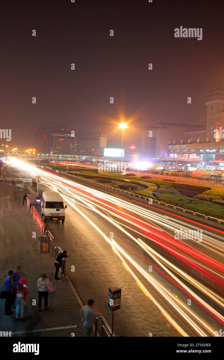 Urban construction scene night traffic flow, in Beijing, China Stock ...