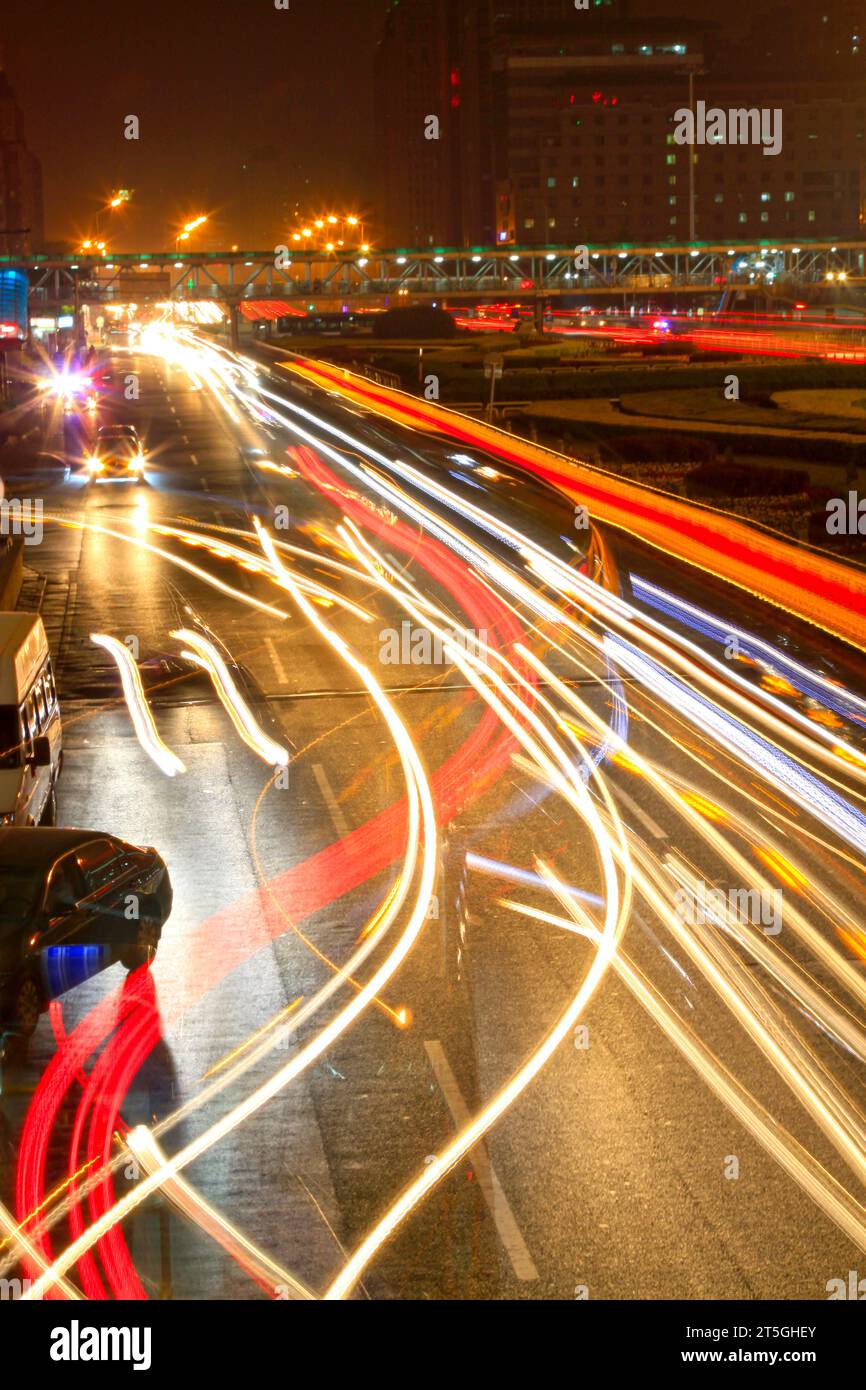 Urban construction scene night traffic flow, in Beijing, China Stock ...