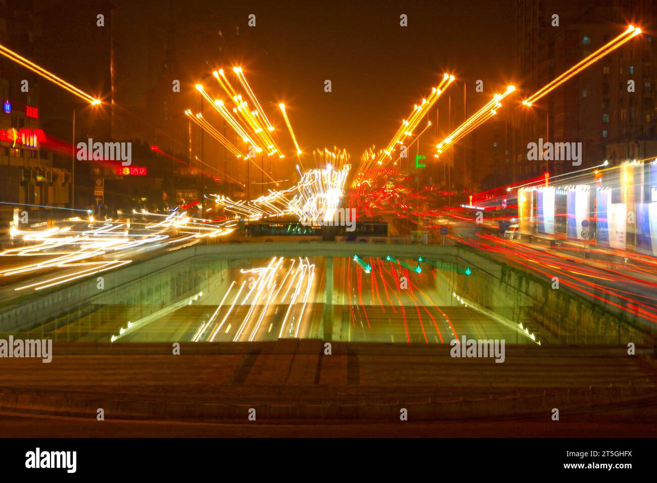 Urban construction scene night traffic flow, in Beijing, China Stock ...