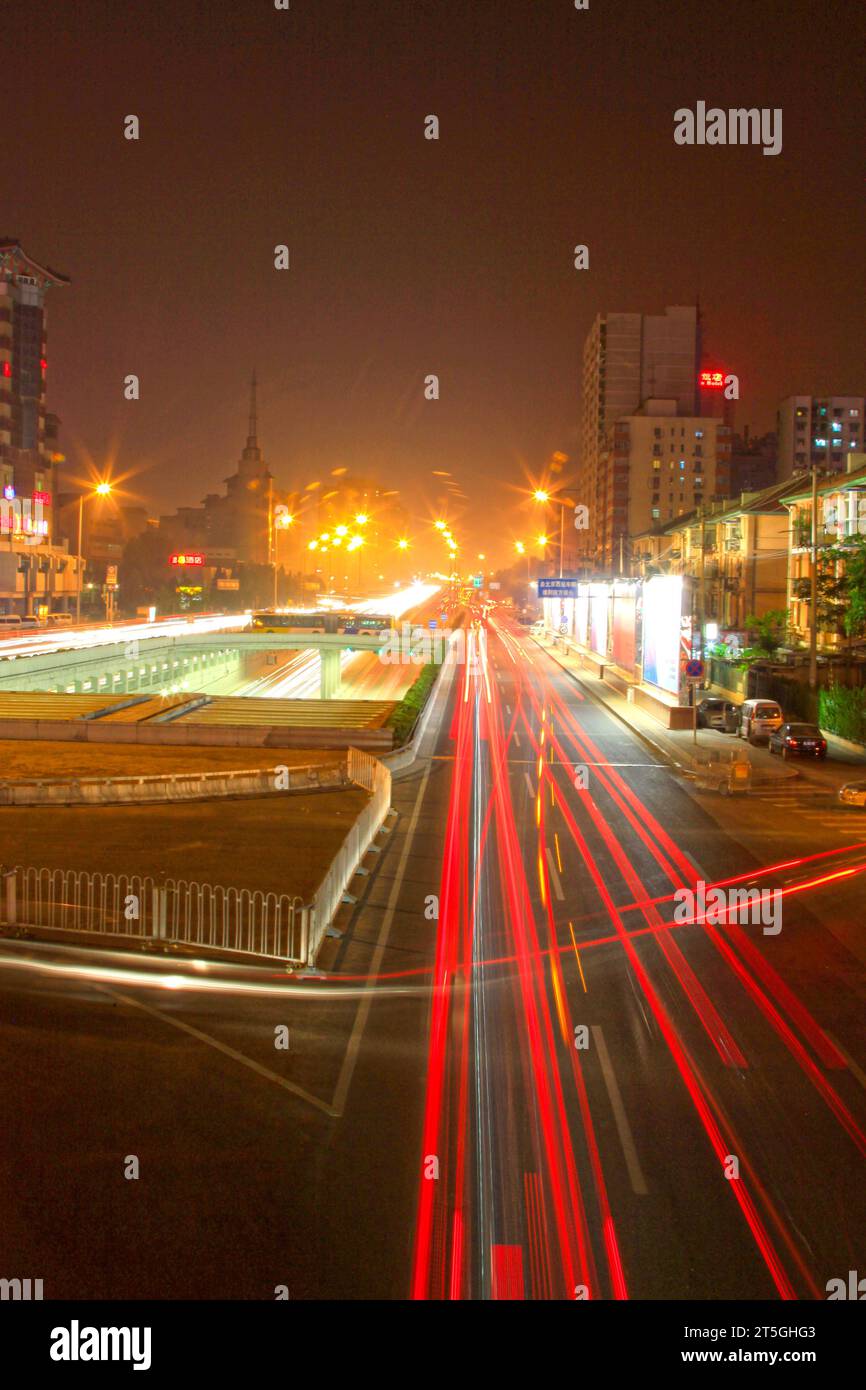 Urban construction scene night traffic flow, in Beijing, China Stock ...