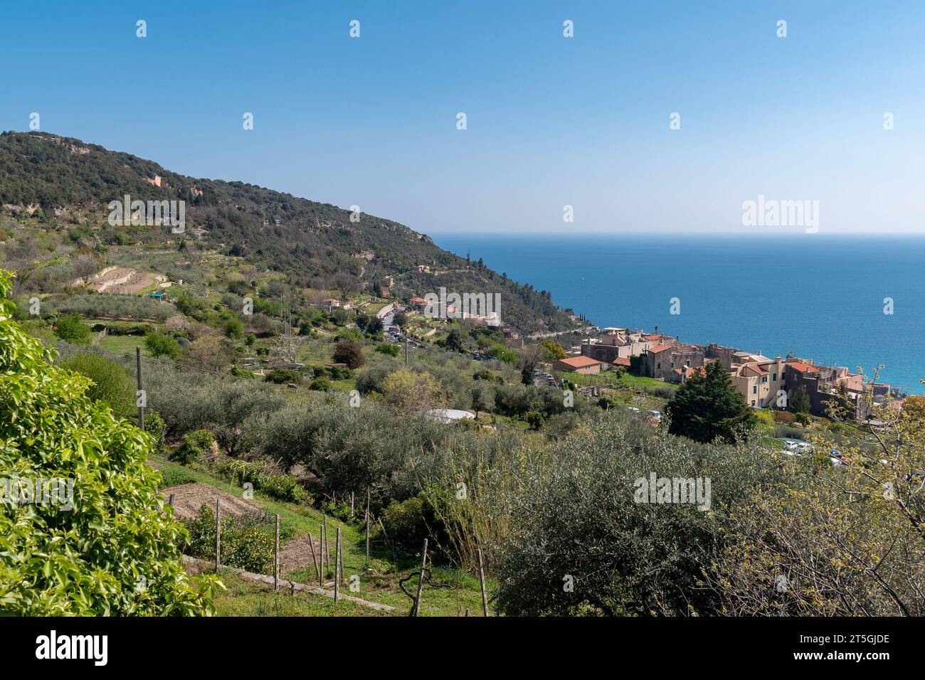 Elevated view of the medieval village of Borgio Verezzi with the sea in ...