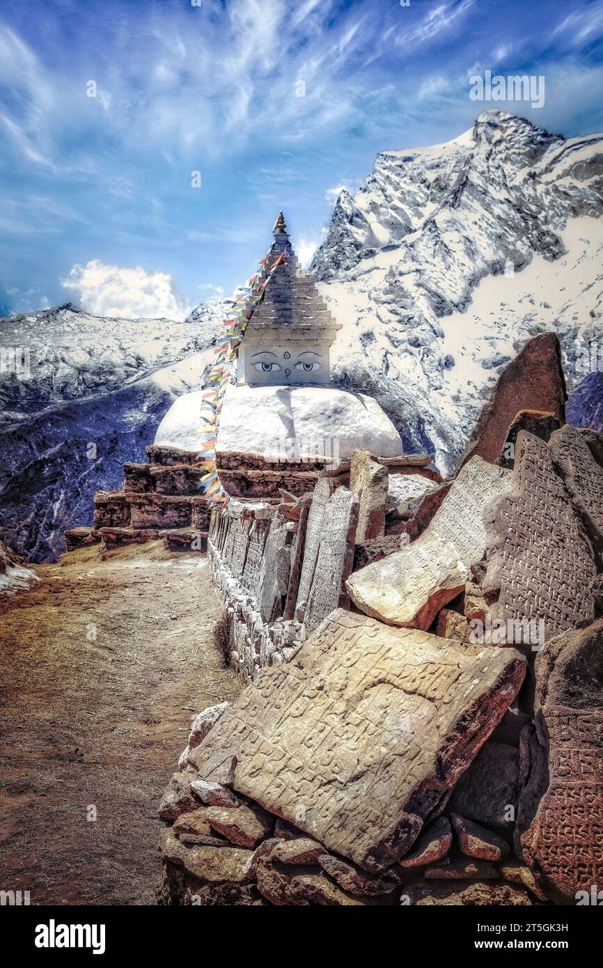 A stuppa high in the Himalaya of Sagarmatha National Park is adorned ...