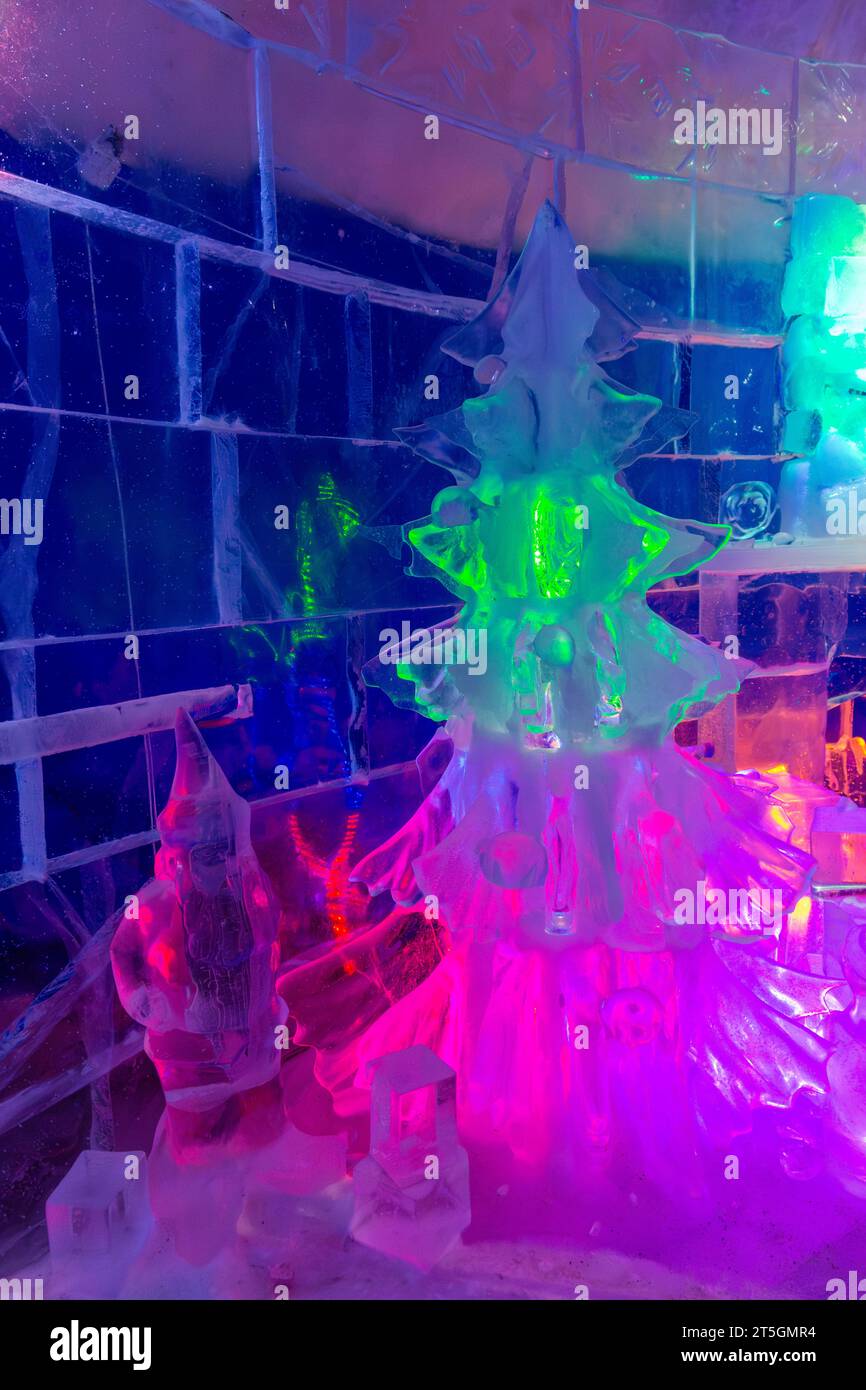 Christmas ice sculptures inside the Snowhotel Ice Hotel at Kirkenes ...