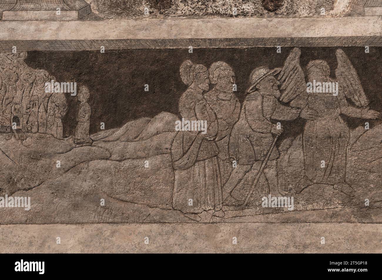 An angel leads Lot and his daughters out of Sodom. On the left is Lot’s ...
