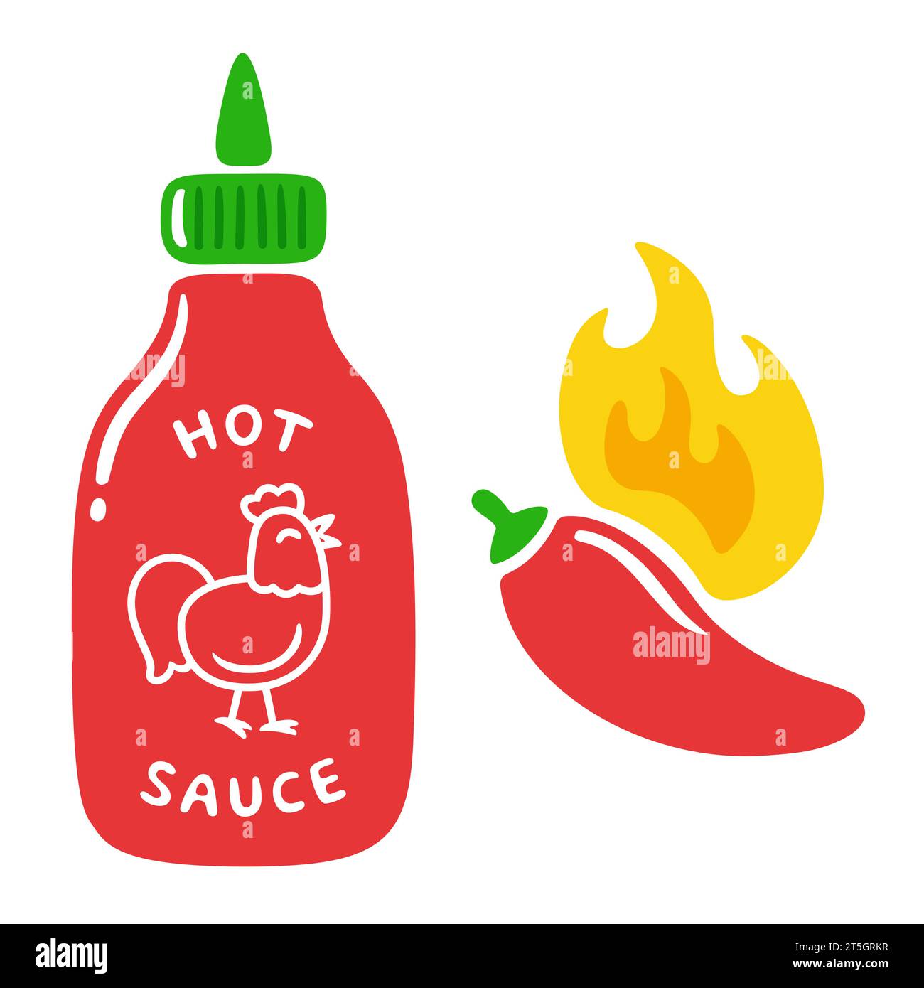 Hot sauce bottle drawing with red chili pepper and flame. Simple ...