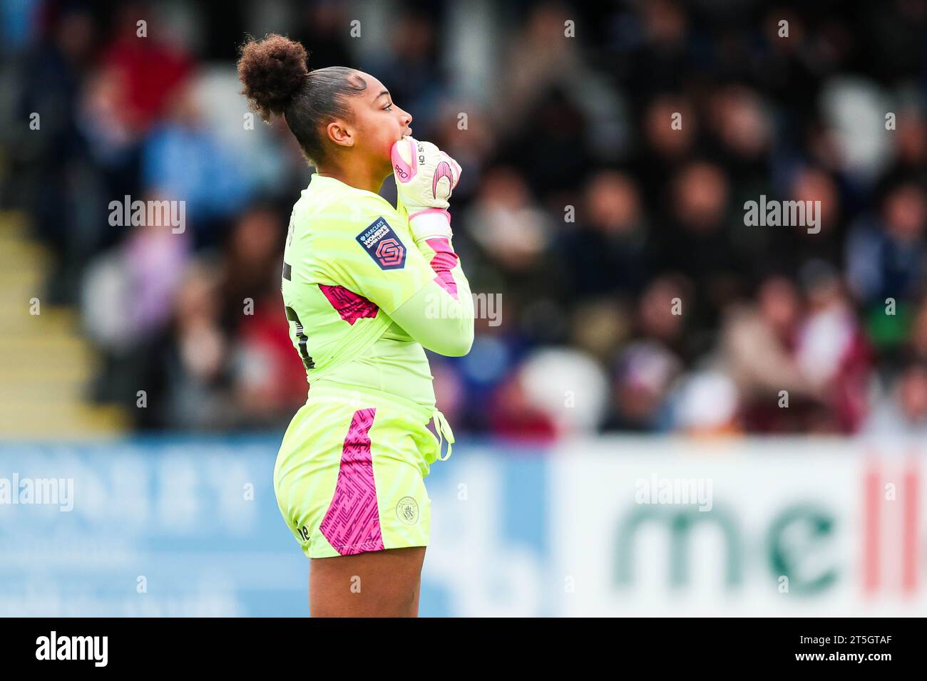 Borehamwood, UK. 05th Nov, 2023. Manchester City goalkeeper khiara keating reacts to conceding ...