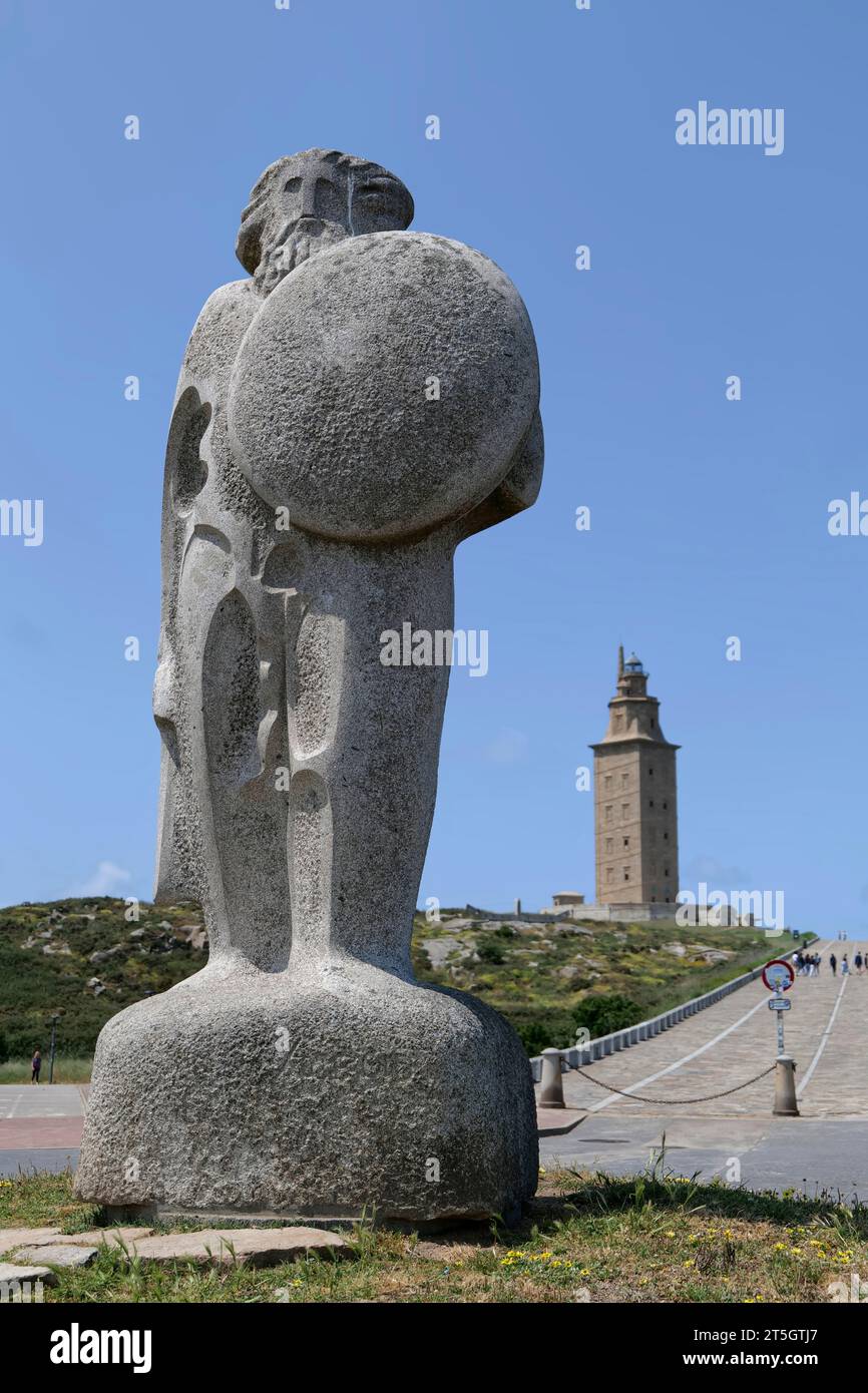 sculpture of Breogán and Tower of Hercules, A Coruña, Galicia ...