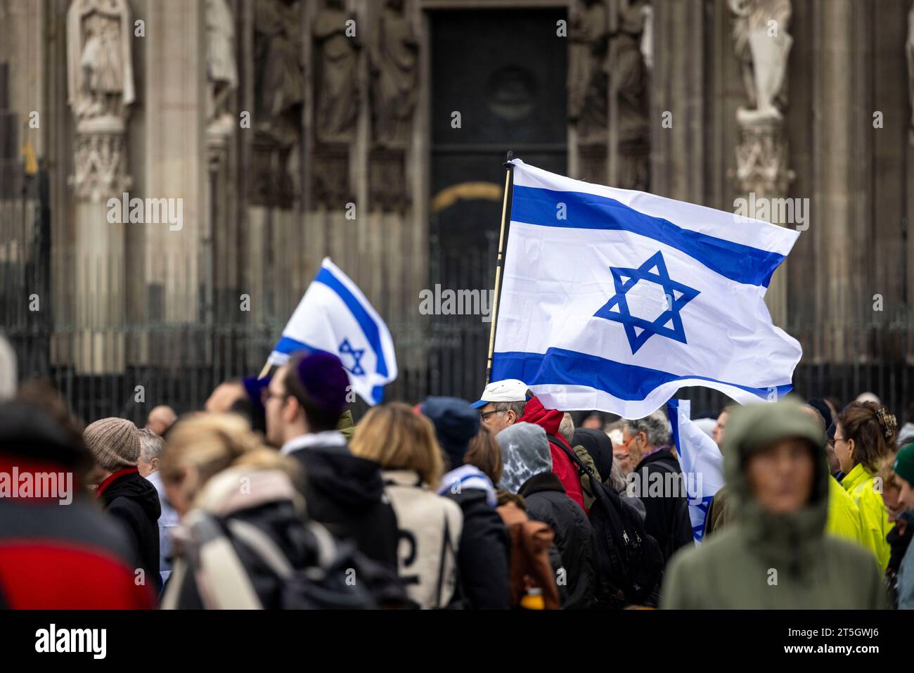 Cologne, Germany. 05th Nov, 2023. Israeli flags wave at a solidarity ...