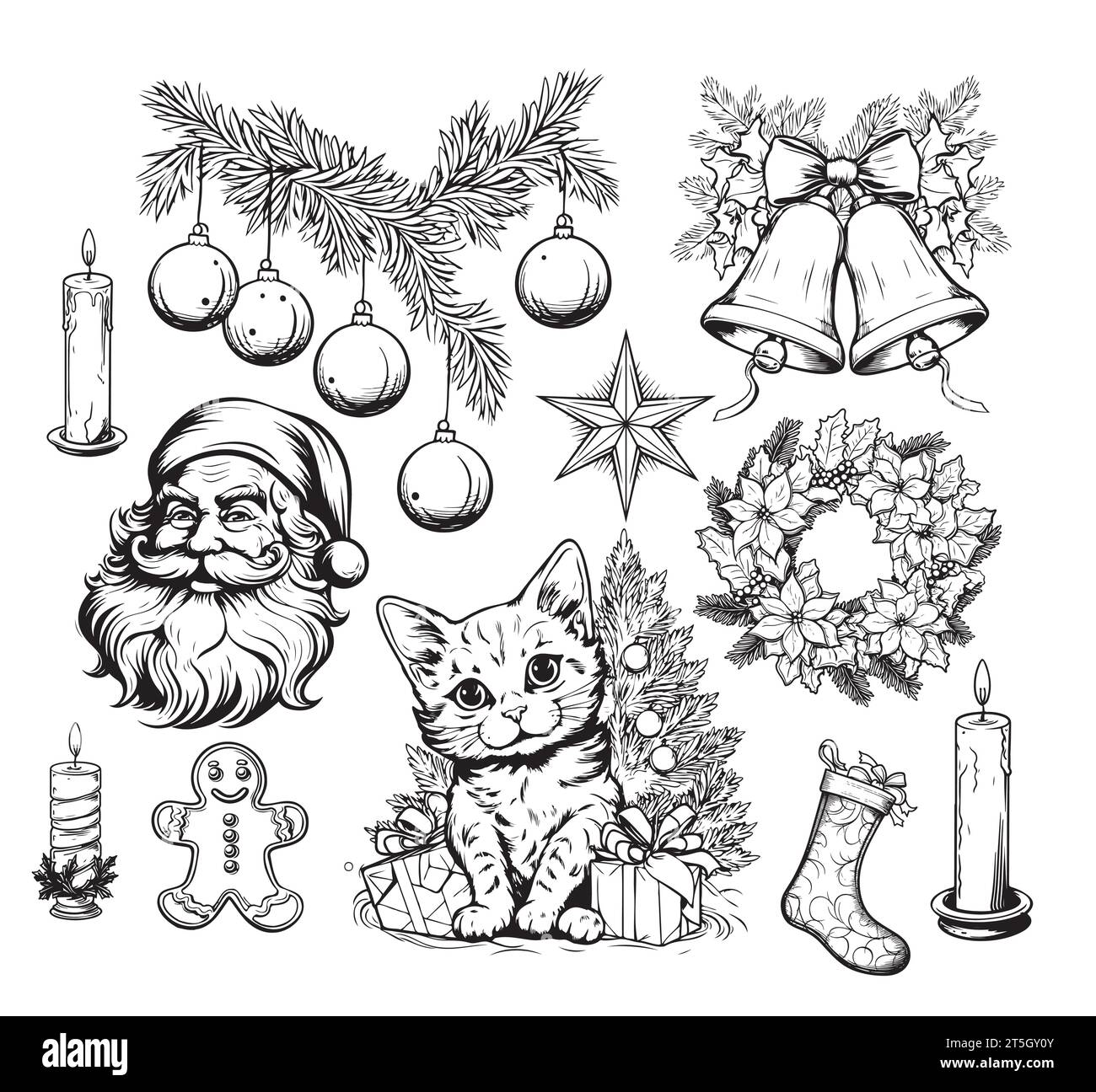 Christmas hand drawn decorations, vector elements. Traditional ...