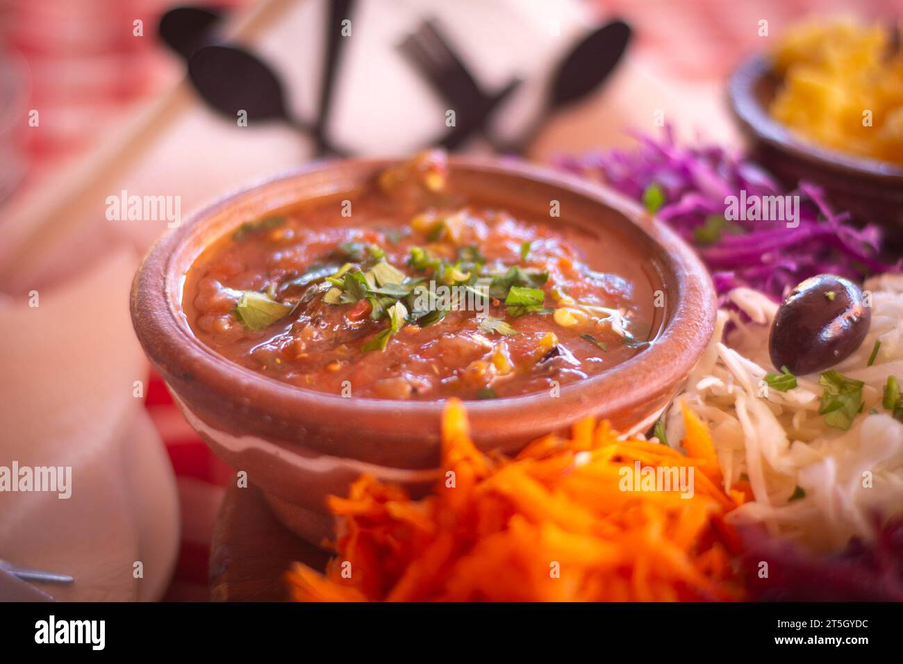 Food roasted peppers with cream on a red plate, Salad with olives ...
