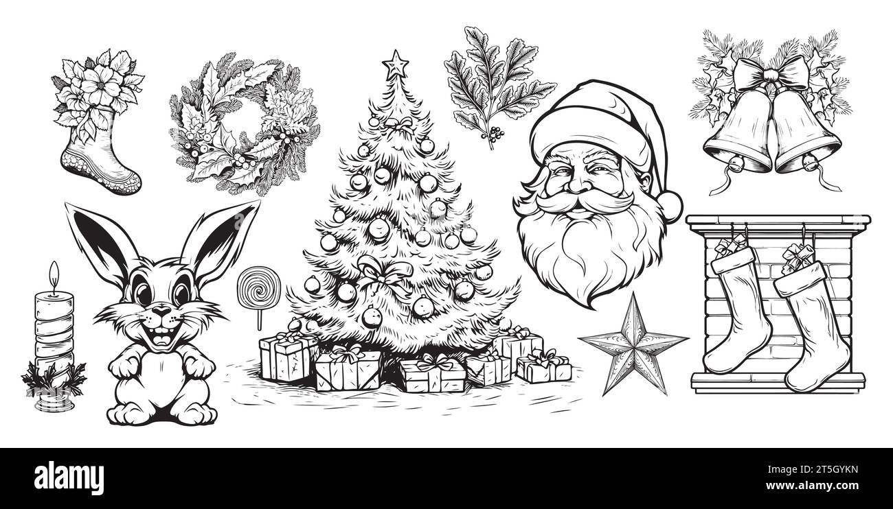 Christmas hand drawn decorations, vector elements. Traditional ...