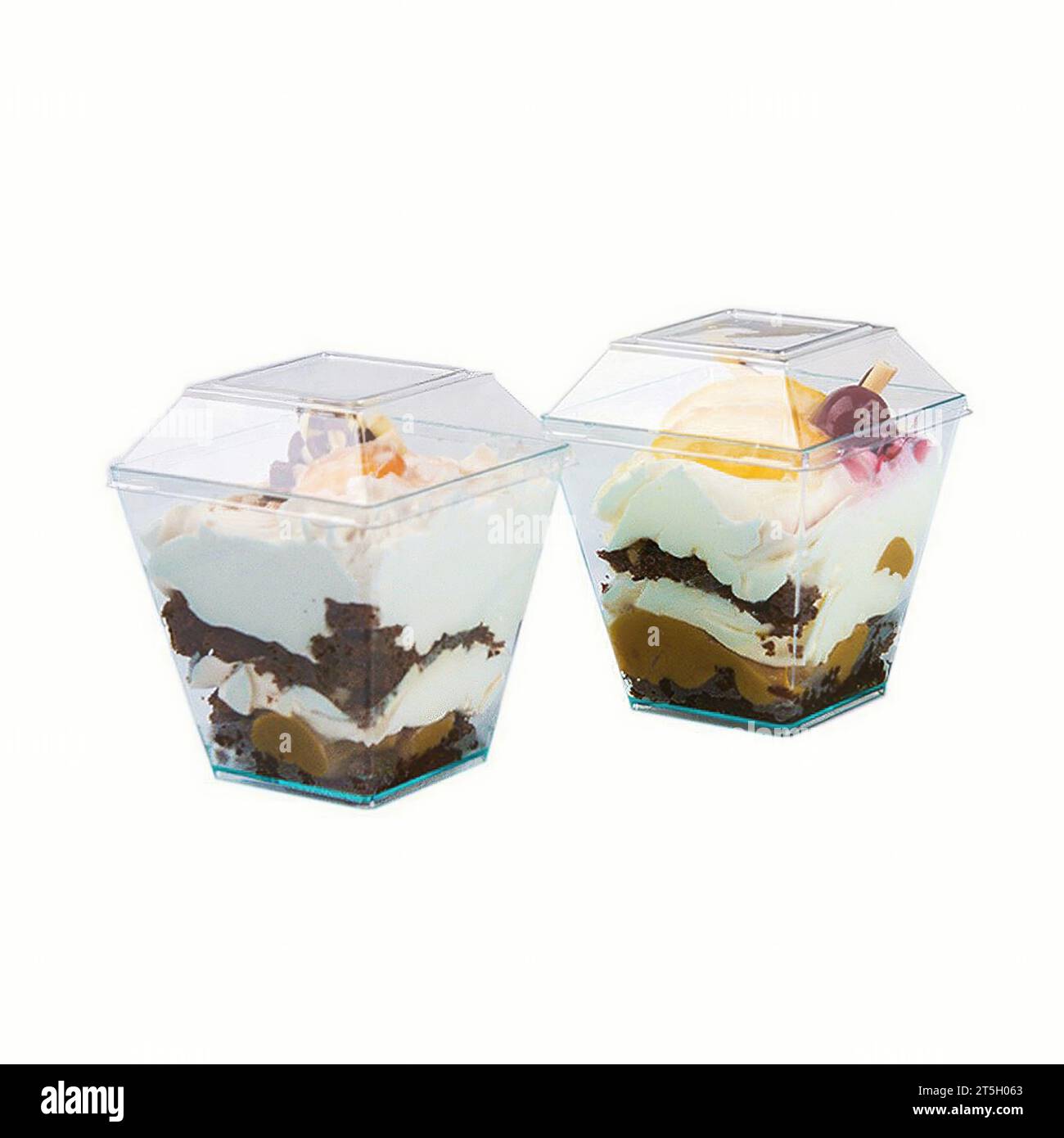 Sweet dessert or ice-cream in plastic cups isolated over white ...