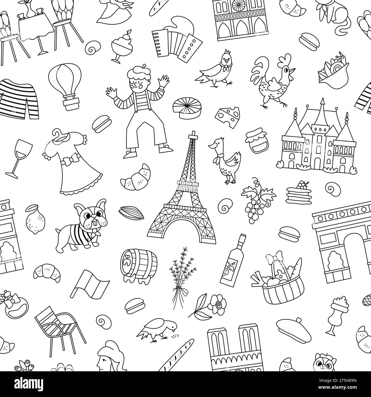 France symbols black and white vector seamless pattern. Repeating line ...