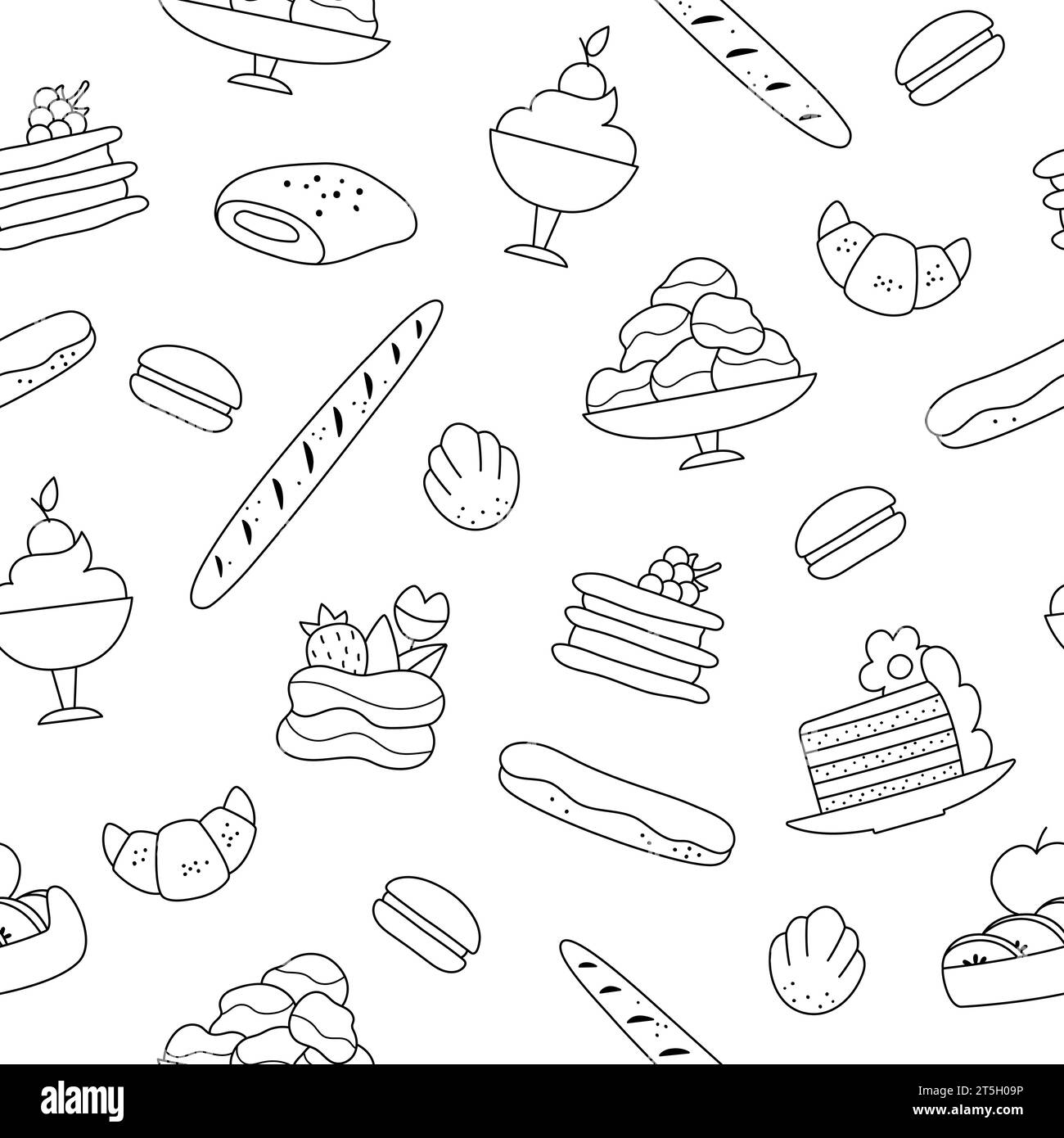French dessert black and white vector seamless pattern. Repeat line ...