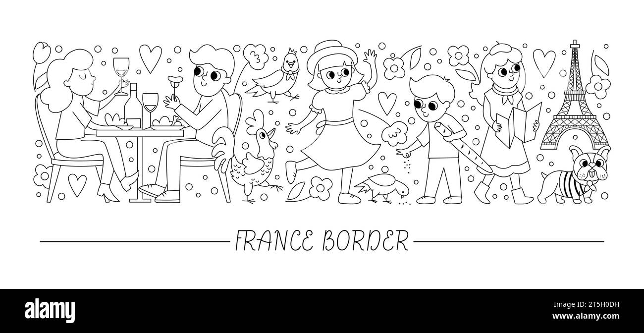 Vector black and white horizontal border set with French people. France ...