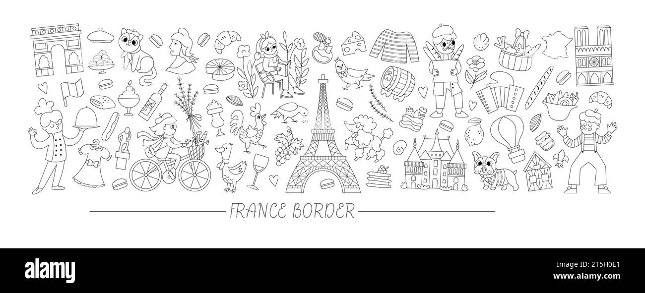 Vector black and white French horizontal frame with people, animals ...