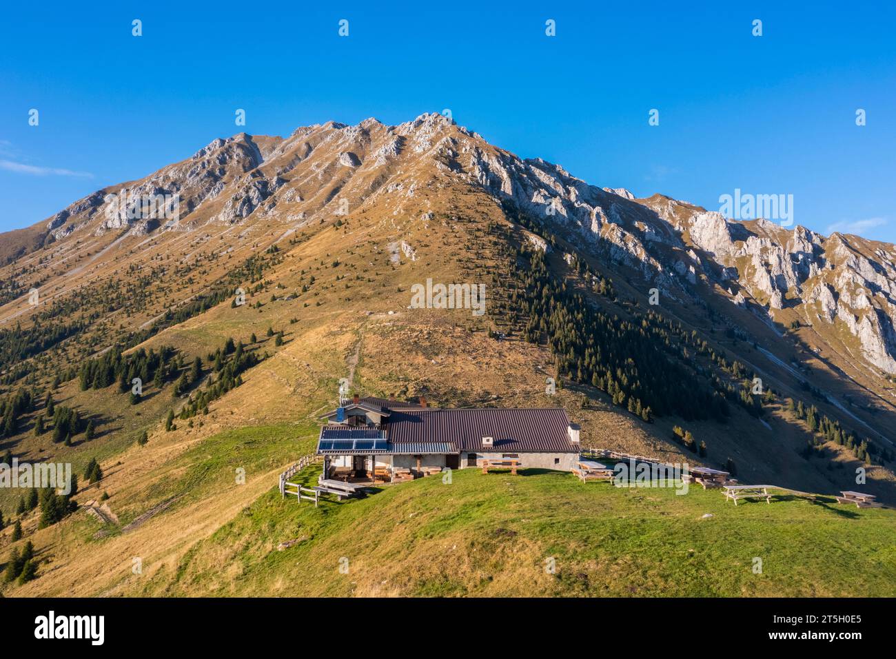 Aerial view of the Rifugio San Fermo at the bottom of the Corna di San ...