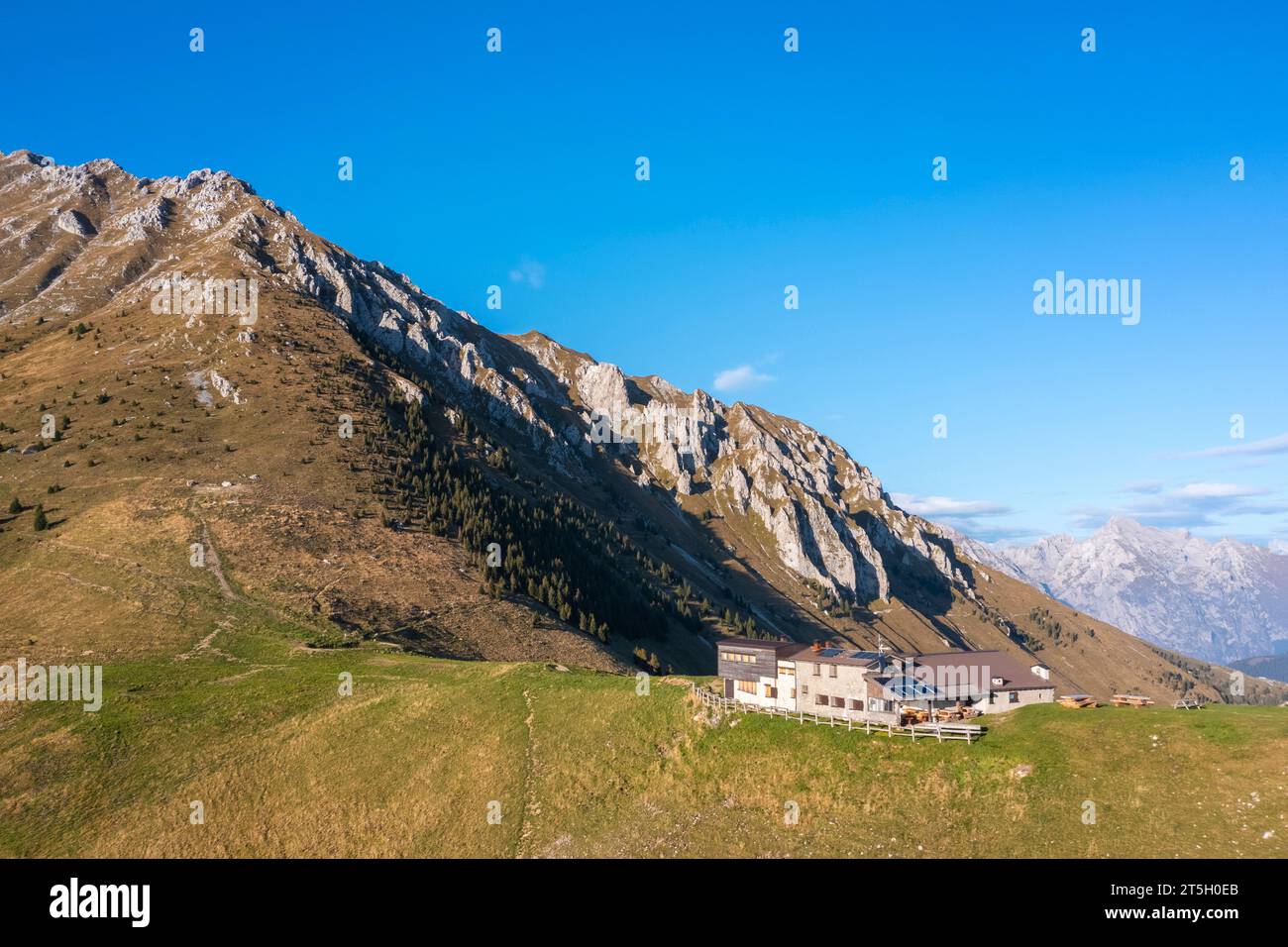 Aerial view of the Rifugio San Fermo at the bottom of the Corna di San ...