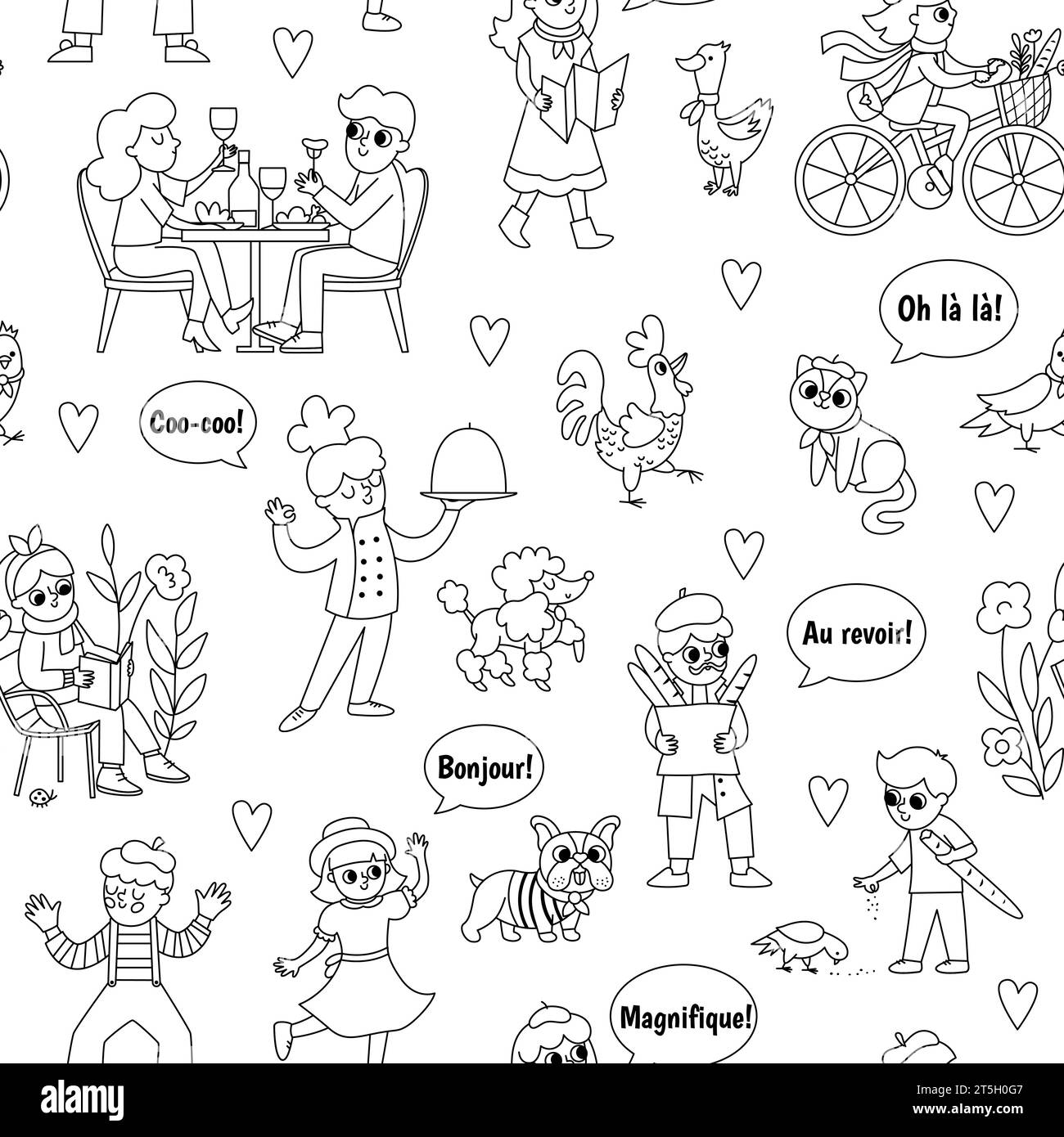 Vector black and white seamless pattern with people of France ...