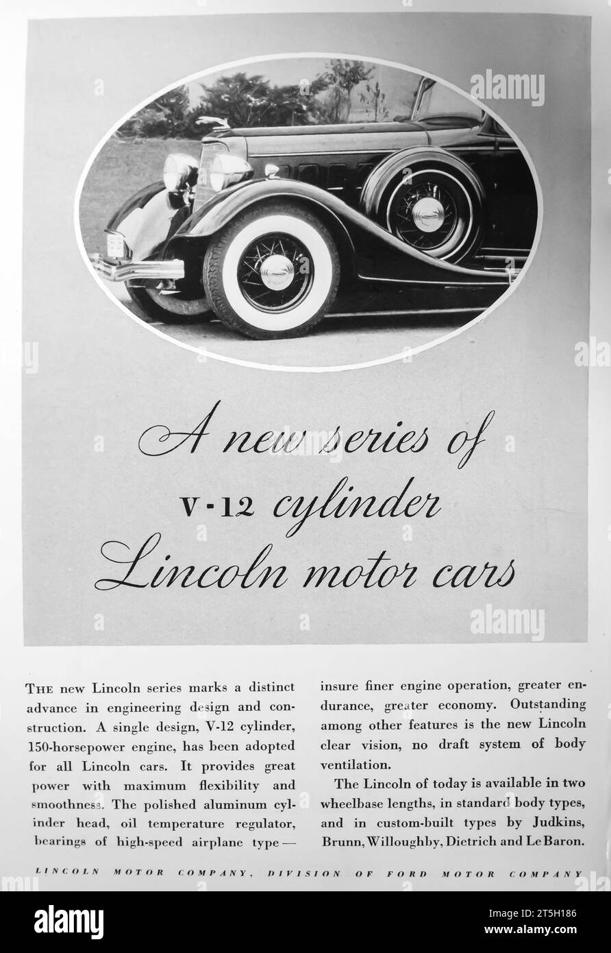 1934 Lincoln with V-12 cylinder, 150 hp engine ad Stock Photo - Alamy