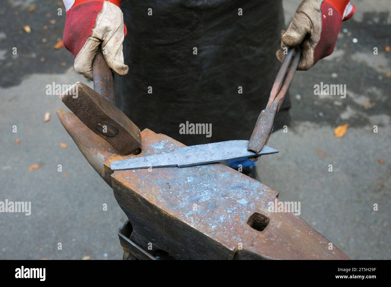 Blacksmith hands holding forceps and a hammer forging a metal billet ...
