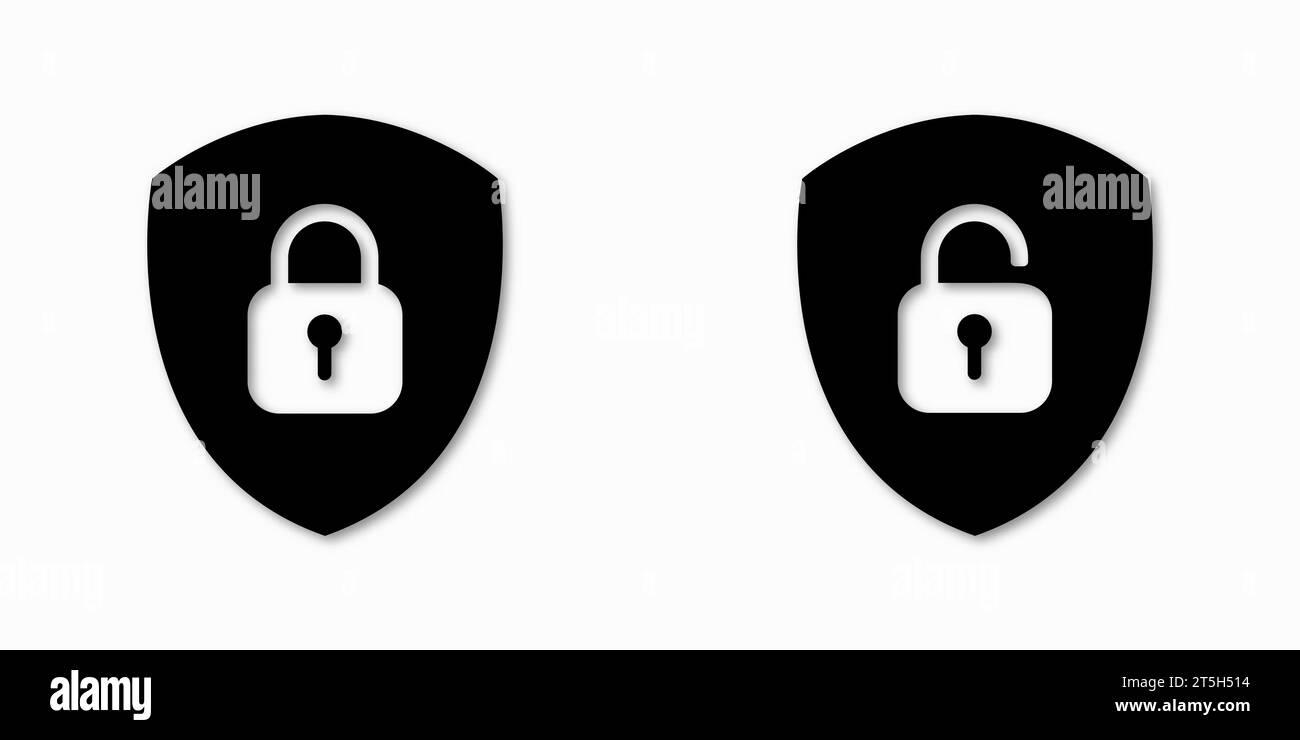 Locked and unlocked padlock with shield icon. Vector clipart ...