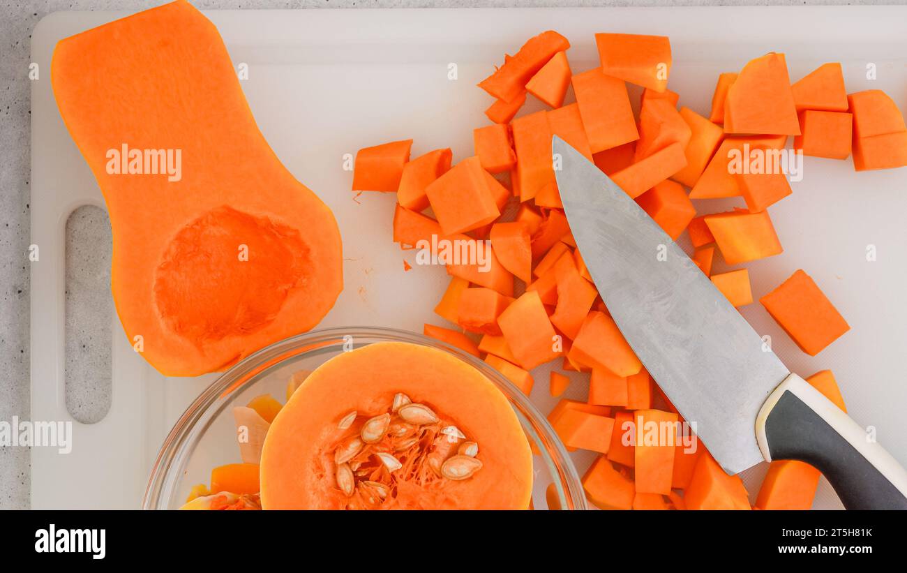 Butternut squash soup recipe. Raw vegetables close-up on the kitchen ...