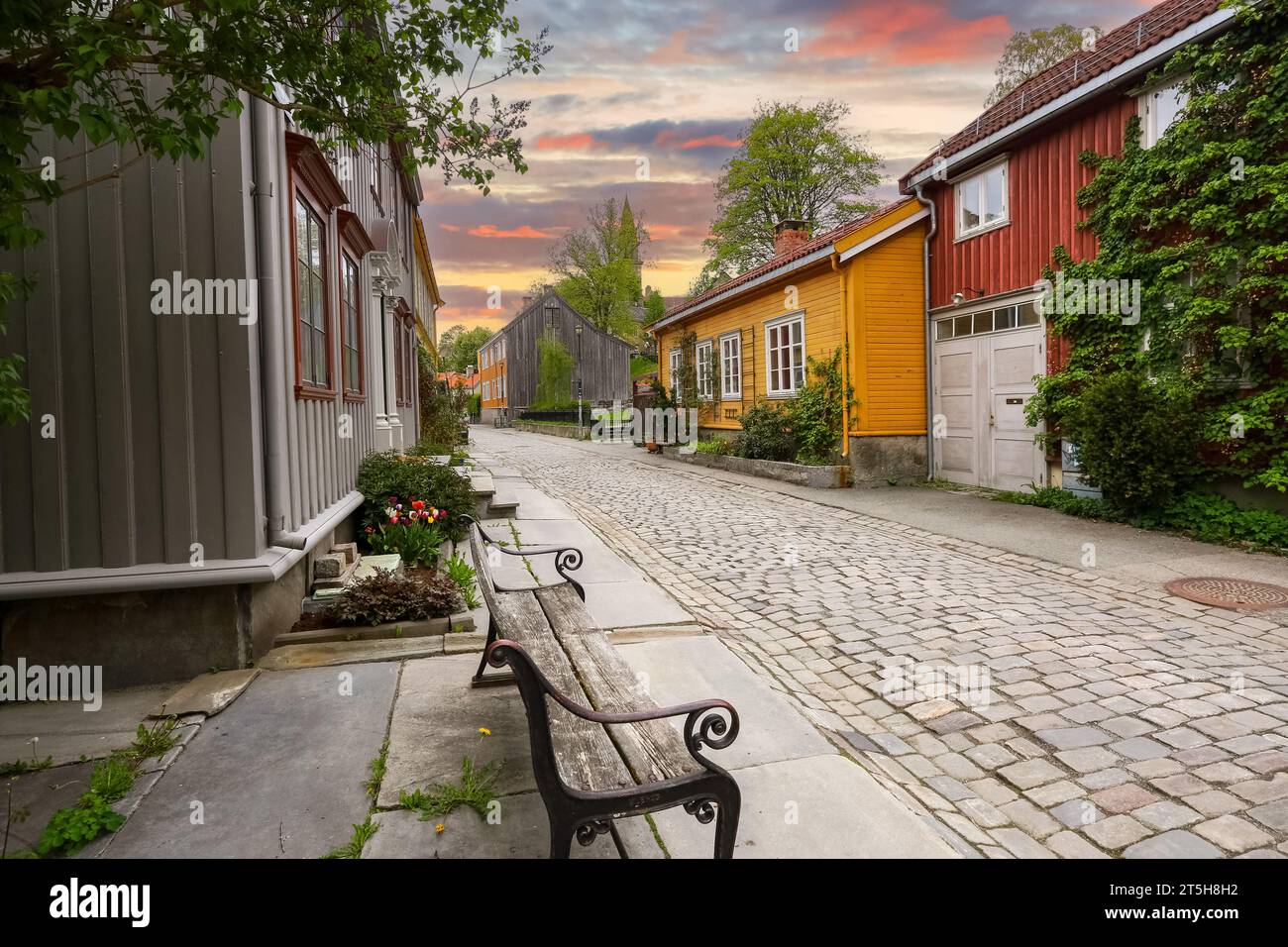 The street in the residential district Bakklandet in Trondheim , the ...