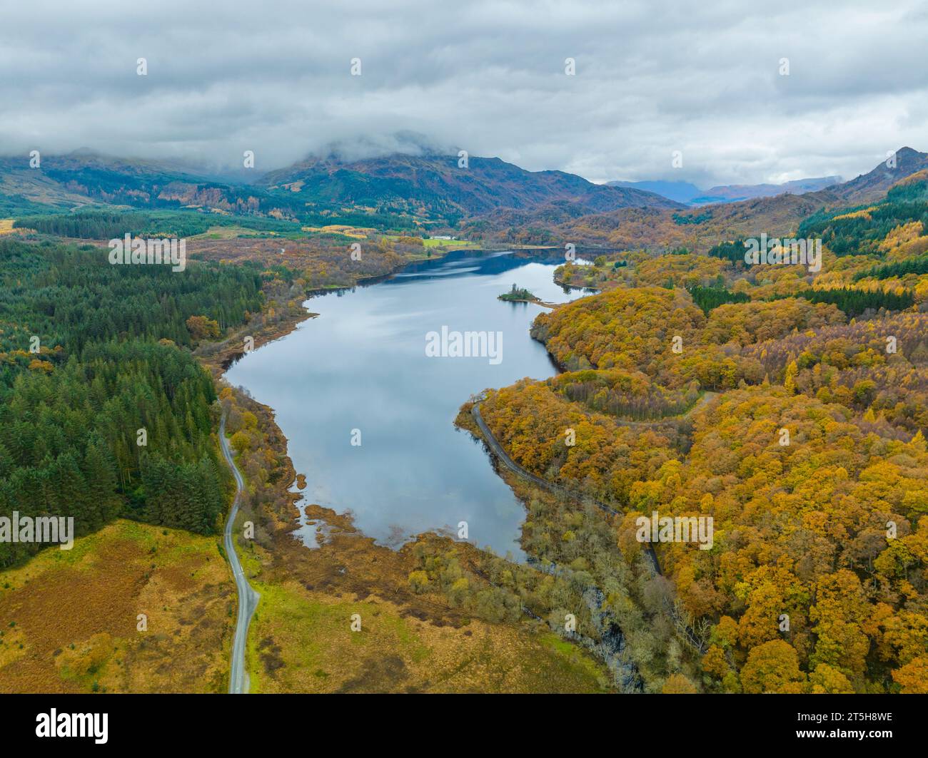 Aerial view of Loch Achray in autumn in The Trossachs, Scotland, UK ...