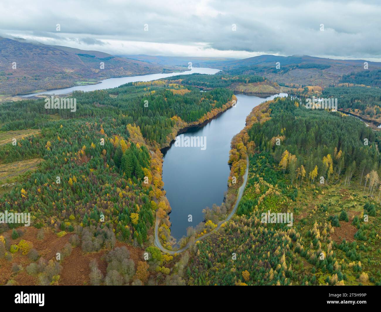 Aerial view of Loch Drunkie in The Trossachs during autumn in Scotland ...