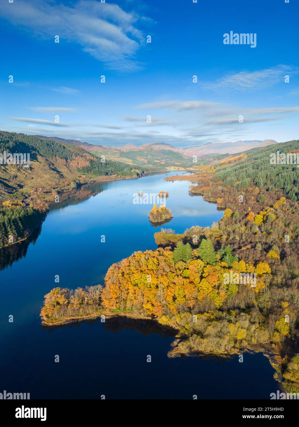 Aerial view of autumn colours on Loch Chon, Kinlochard, Scotland, Uk ...
