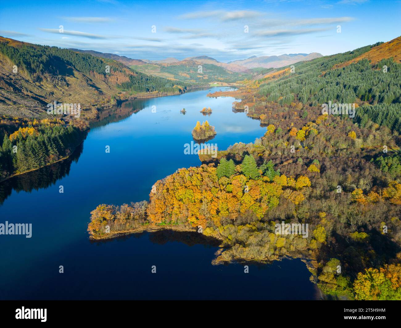 Aerial view of autumn colours on Loch Chon, Kinlochard, Scotland, Uk ...