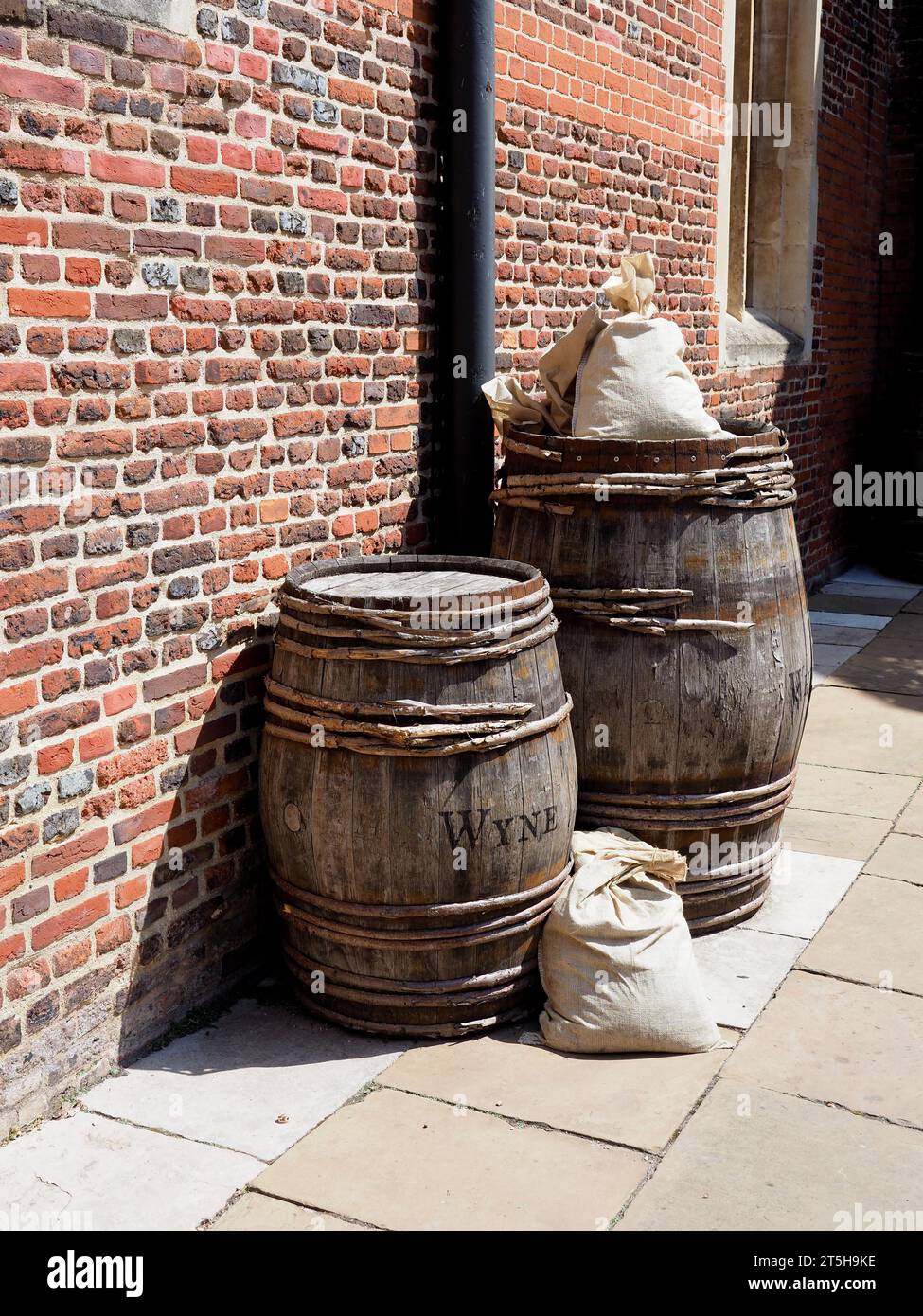 two tudor style wooden wine barrels displayed at Hampton Court in ...