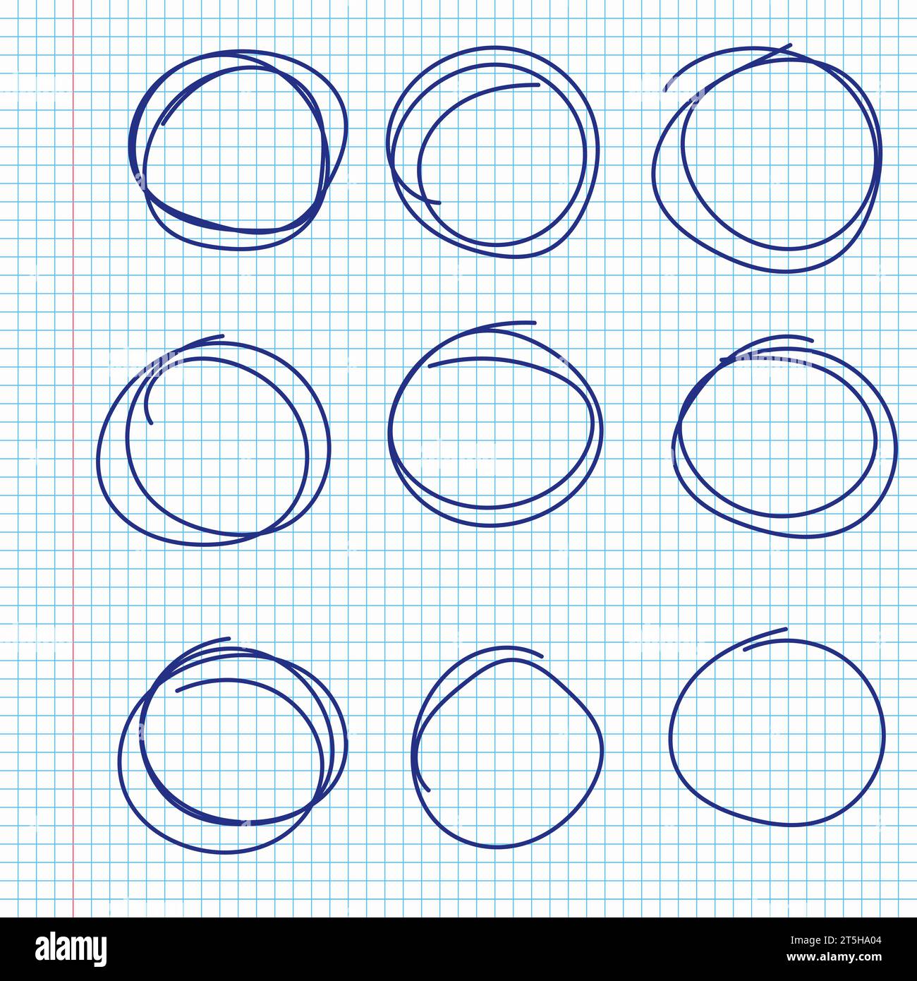 Hand drawn pen circles line sketch set on notebook pages. Drawing blue ...