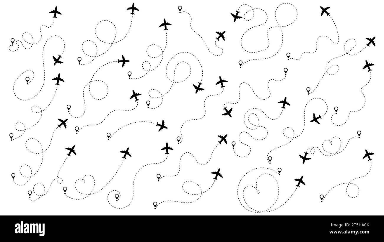 Airplane or aeroplane routes path set. Travel concept from start point ...