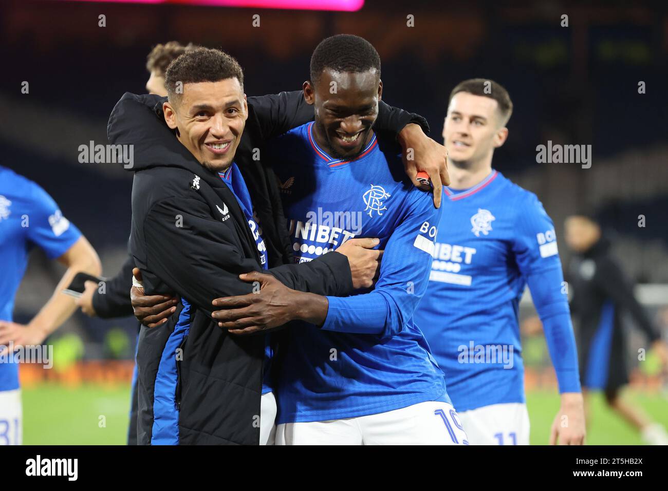 Rangers' James Tavernier (left) and Rangers' Abdallah Sima celebrate ...