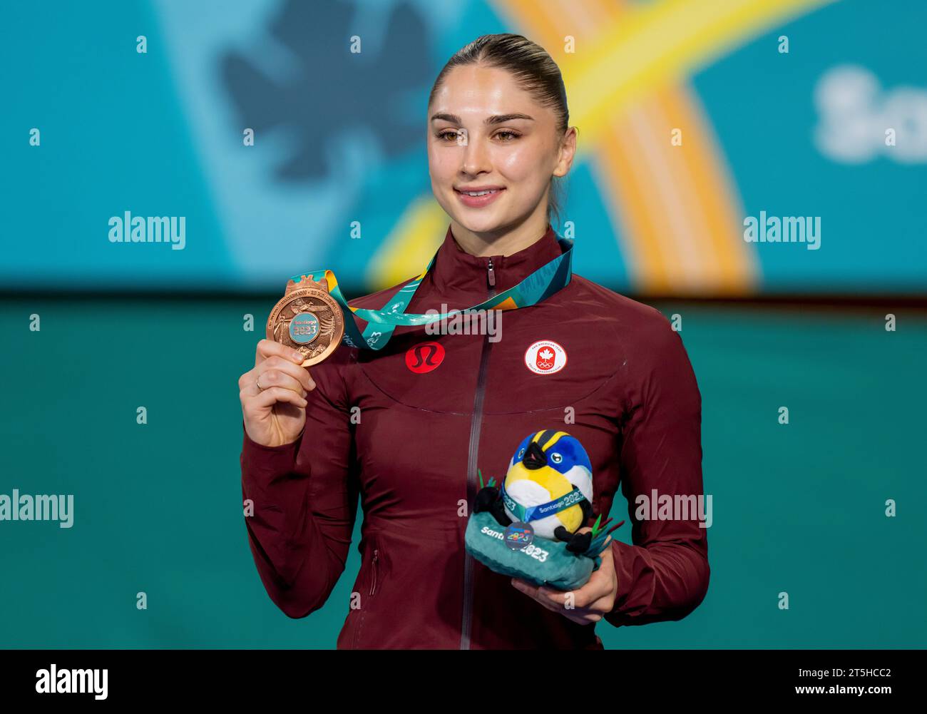 Santiago, Chile. 05th Nov, 2023. Canada's Melissa Bratic holds up her ...