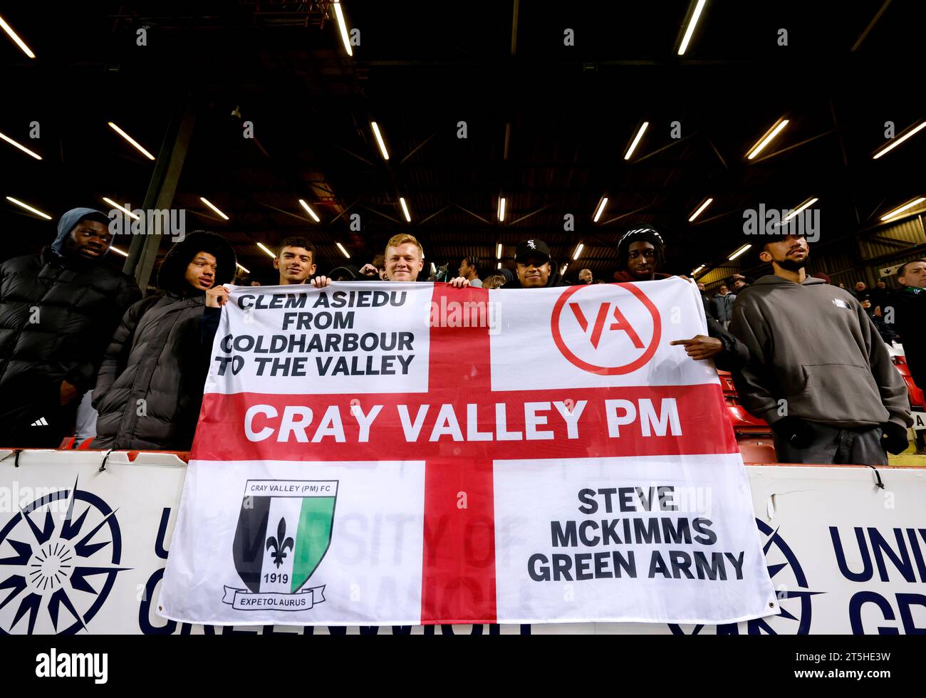 Cray Valley fans hold up a banner in the stands ahead of the Emirates ...