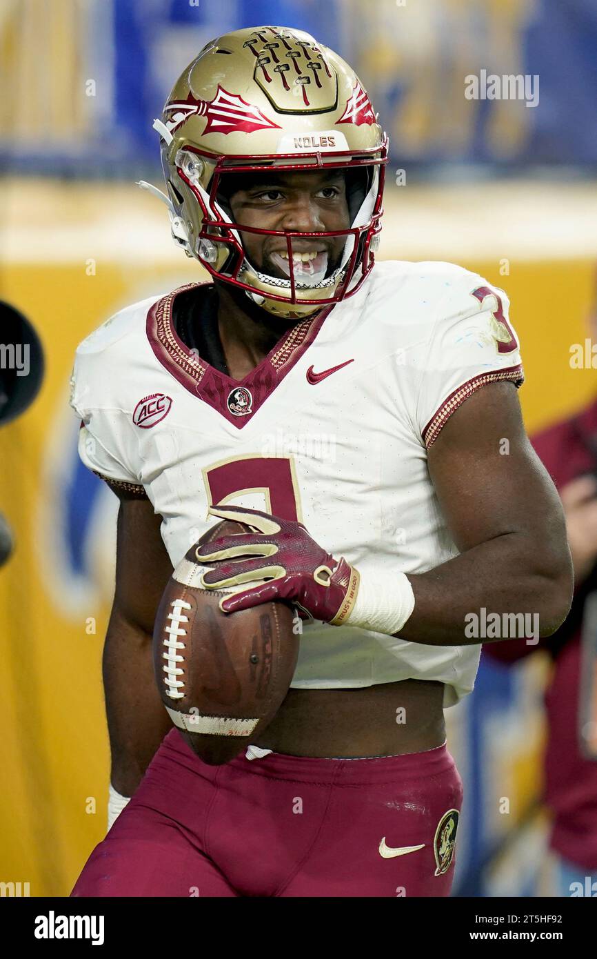 Florida state running back Trey Benson (3) celebrates a touchdown ...