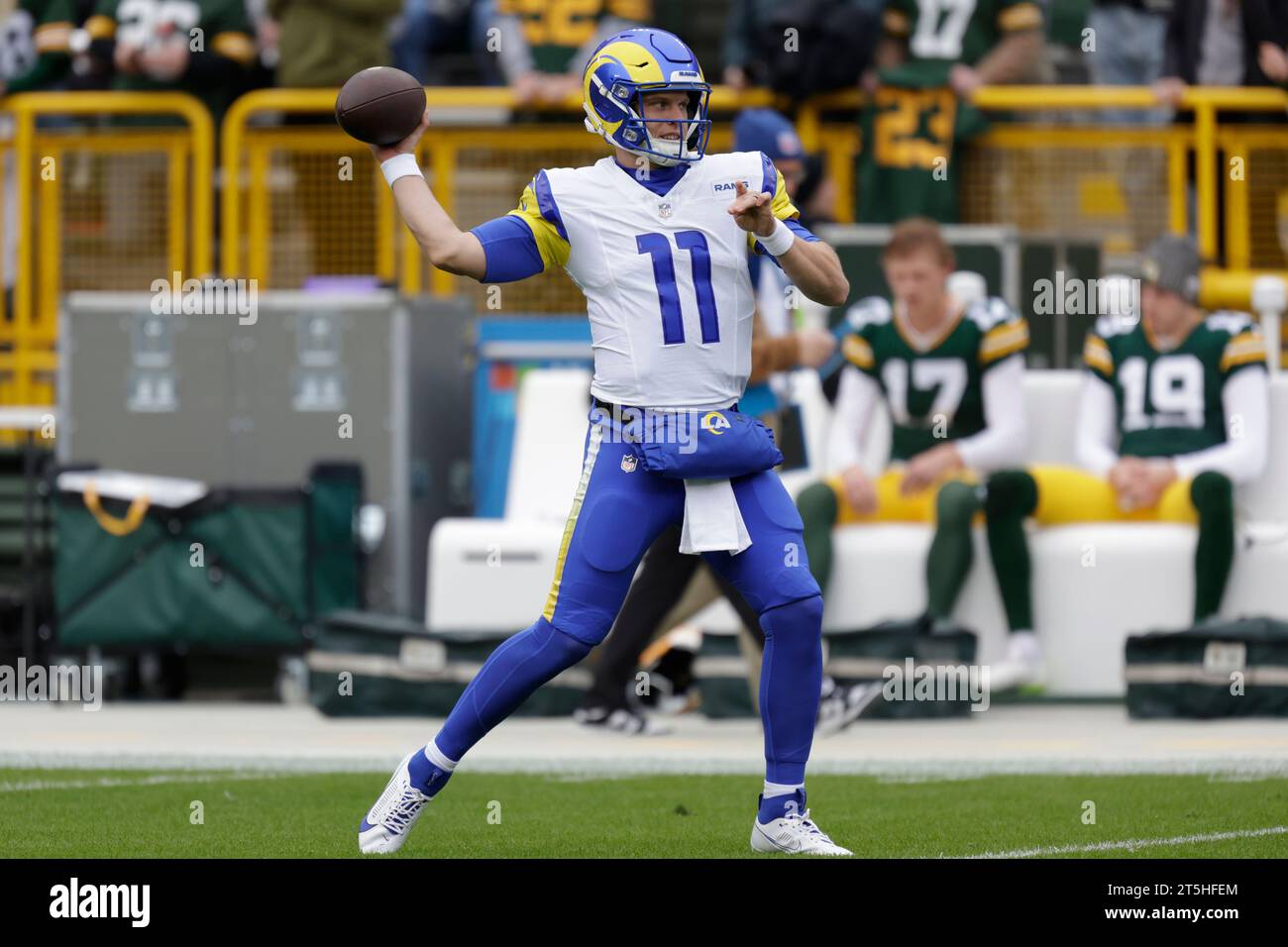 Los Angeles Rams quarterback Brett Rypien (11) warms up before an NFL ...