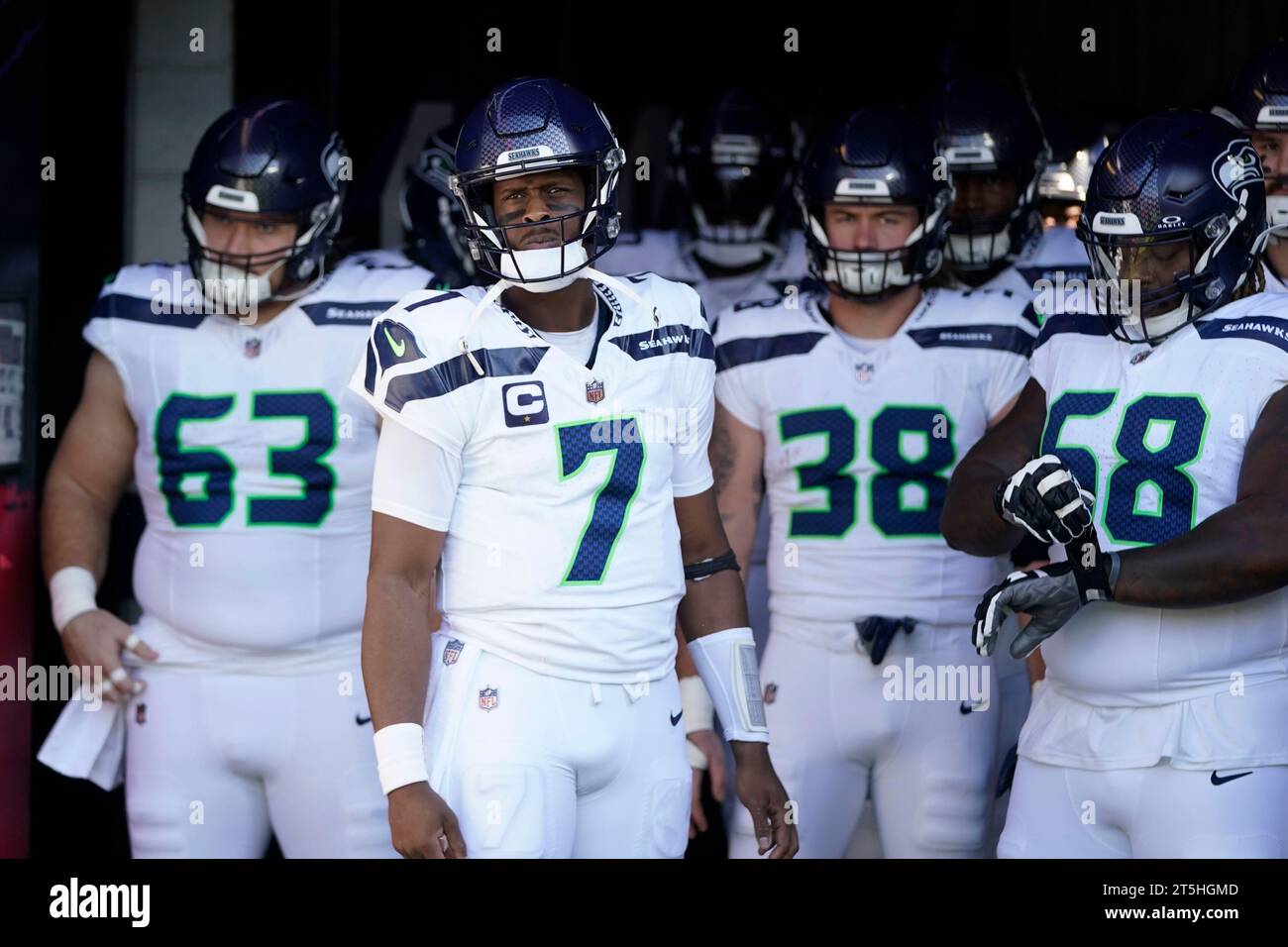 Seattle Seahawks quarterback Geno Smith (7) stands with teammates while ...